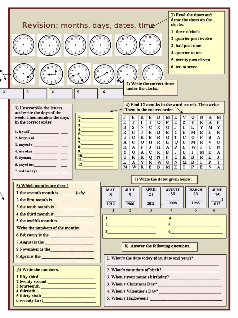 Revision Months Days Dates Time Fun Activities Games Picture ...