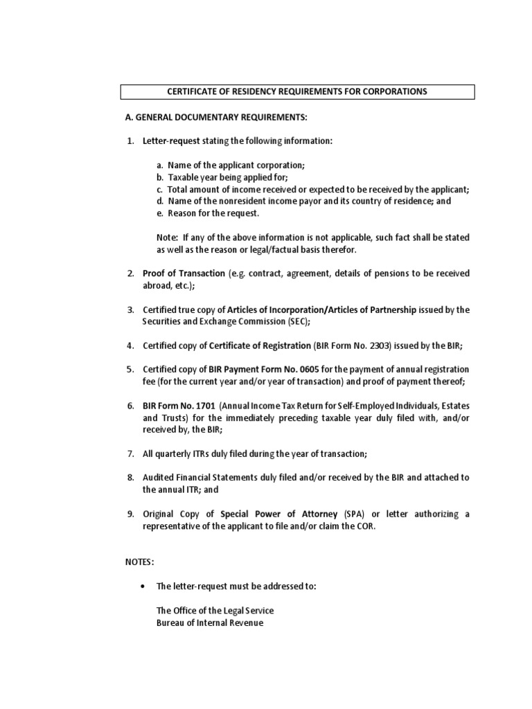 Certificate of Residency Requirements For Corporations A. General ...