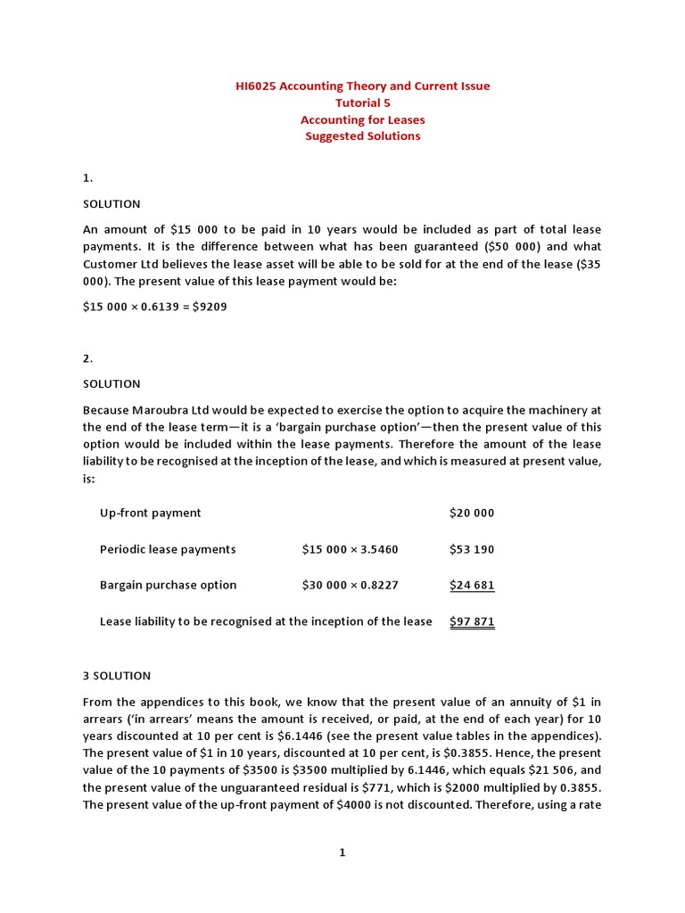 Solutions Tutorial 5 Accounting For Leases | PDF | Present Value ...