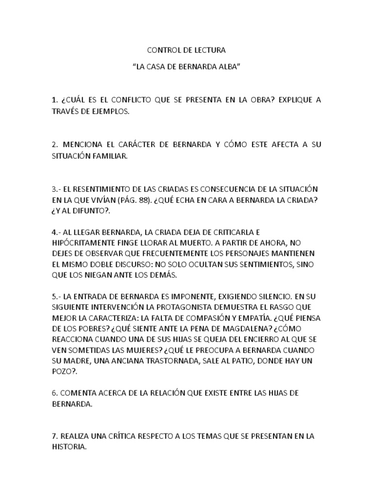 Control de Lectura La Casa de Bernarda Alba | PDF
