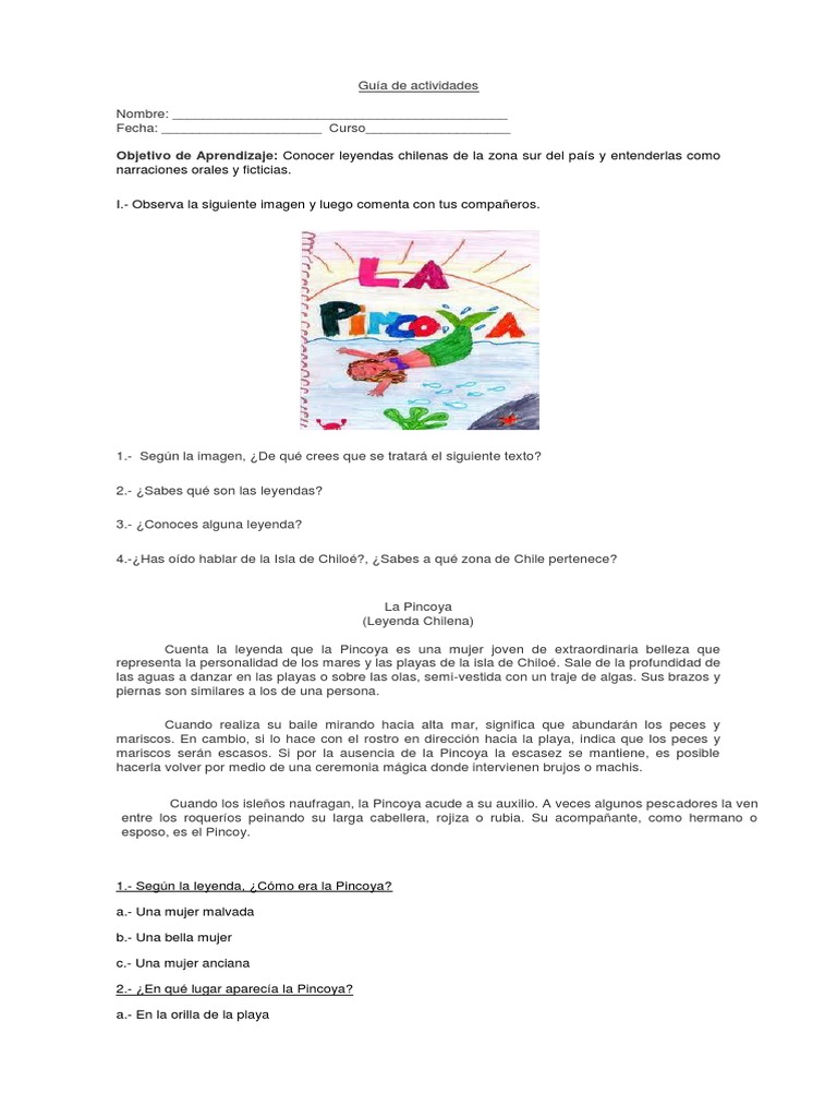 Guía de actividades sobre la leyenda chilena de La Pincoya | PDF