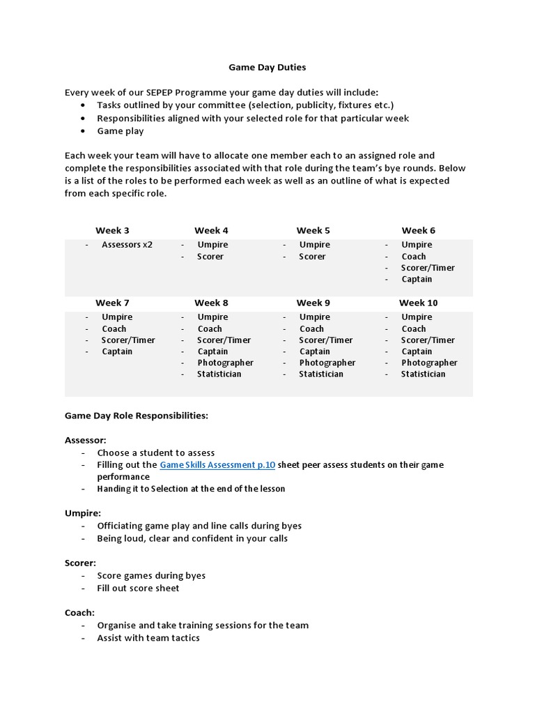 Game Day Duties: Game Skills Assessment p.10 | PDF | Behavior ...
