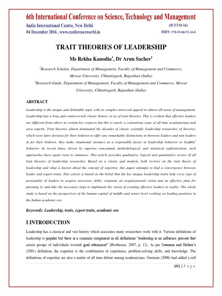 Trait Theories of Leadership Article | PDF | Leadership | Extraversion ...