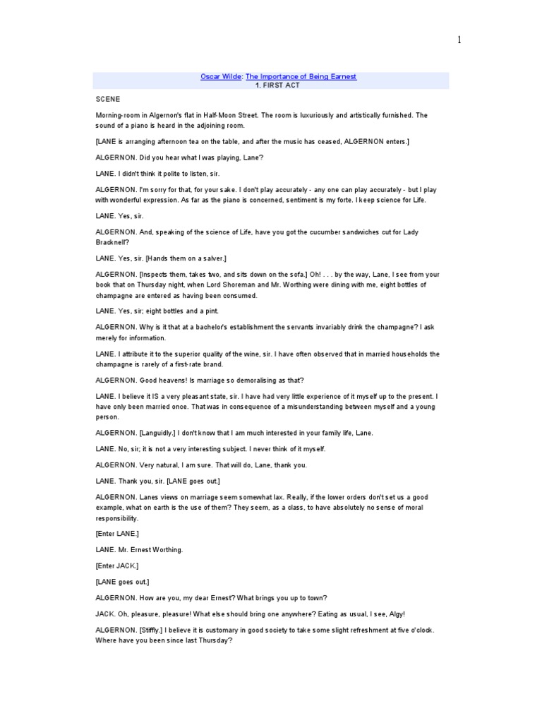 Oscar Wilde The Importance of Being Earnest:: 1. First Act | PDF | The ...