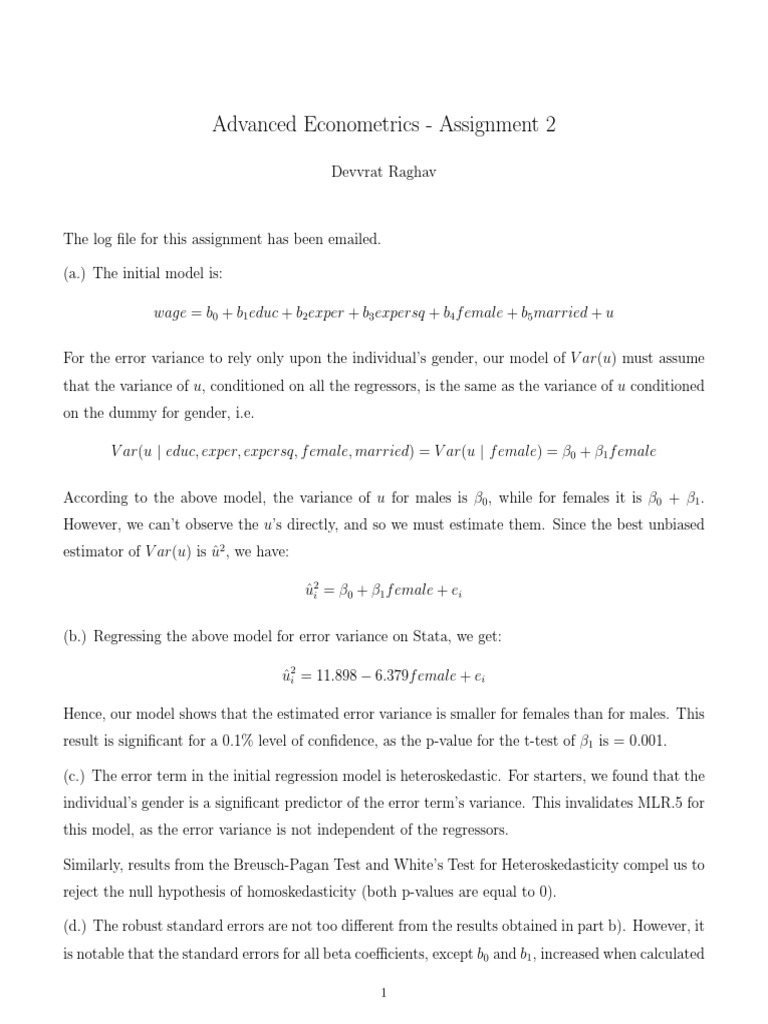 Advanced Econometrics - Assignment 2 | PDF | Ordinary Least Squares | Errors And Residuals