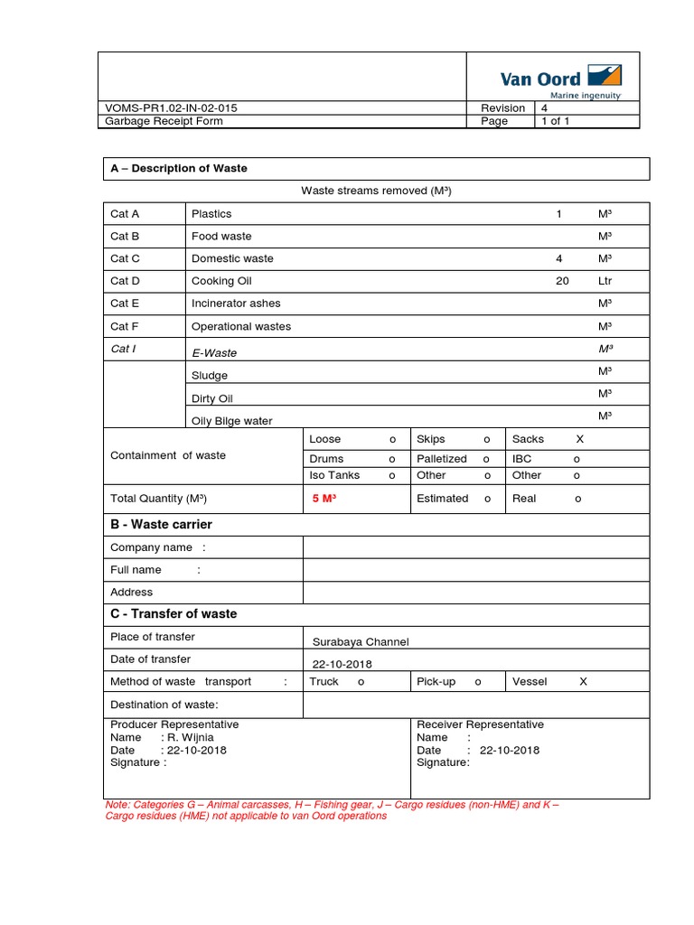 VOMS PR1.02 in 02 015 Garbage Receipt Form | PDF | Pollution | Waste