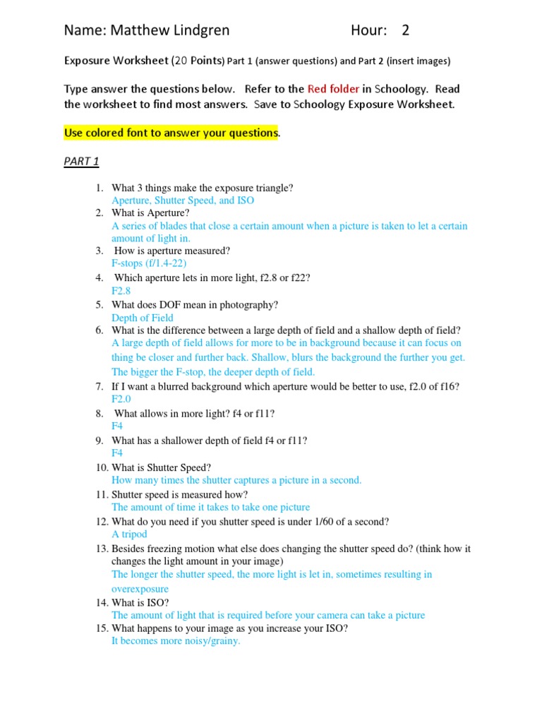 Manual Worksheet Final | PDF | Shutter Speed | Exposure (Photography)