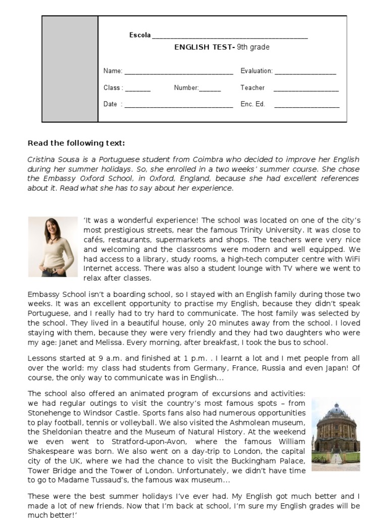 9th Grade English Test Overview | PDF | Learning | Behavior Modification