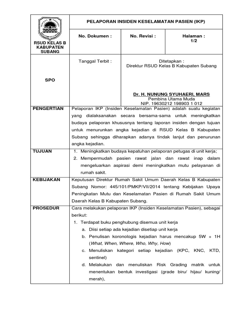 Spo Pelaporan Ikp (Insiden Keselamatan Pasien) | PDF
