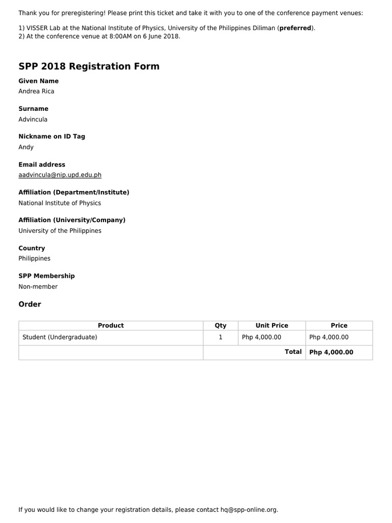 SPP 2018 Registration Form: Given Name | PDF