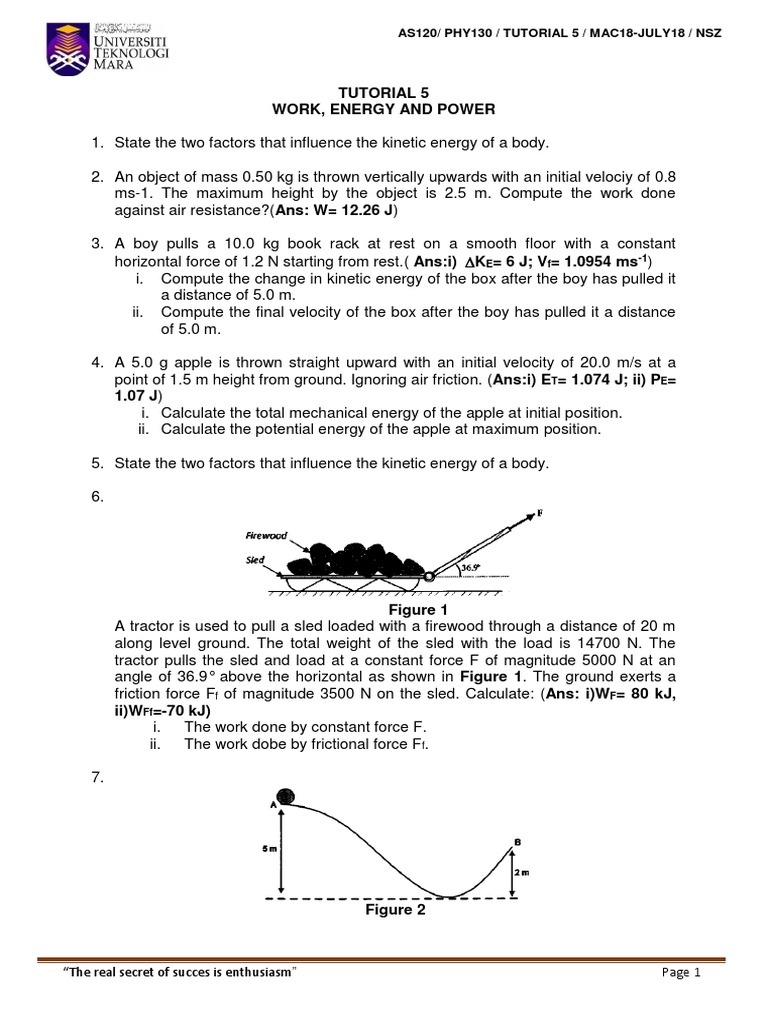 PHY130 Tutorial 5: Work, Energy, Power | PDF | Friction | Force