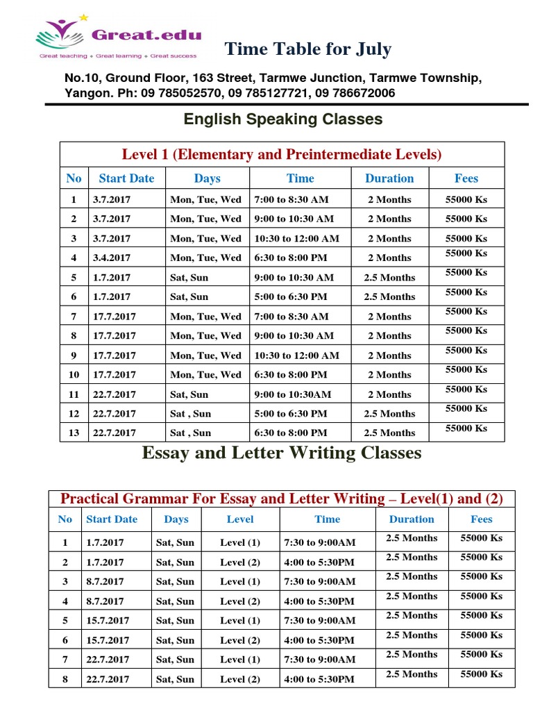 Time Table For July: Essay and Letter Writing Classes | PDF