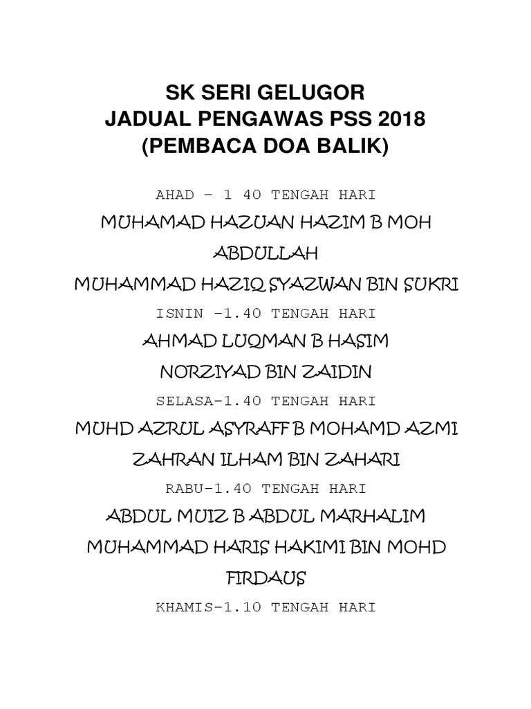 Jadual Pembaca Doa Balik Pss 2018 | PDF