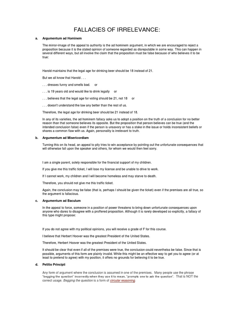 Fallacies of Irrelevance:: A. Argumentum Ad Hominem | PDF | Argument ...