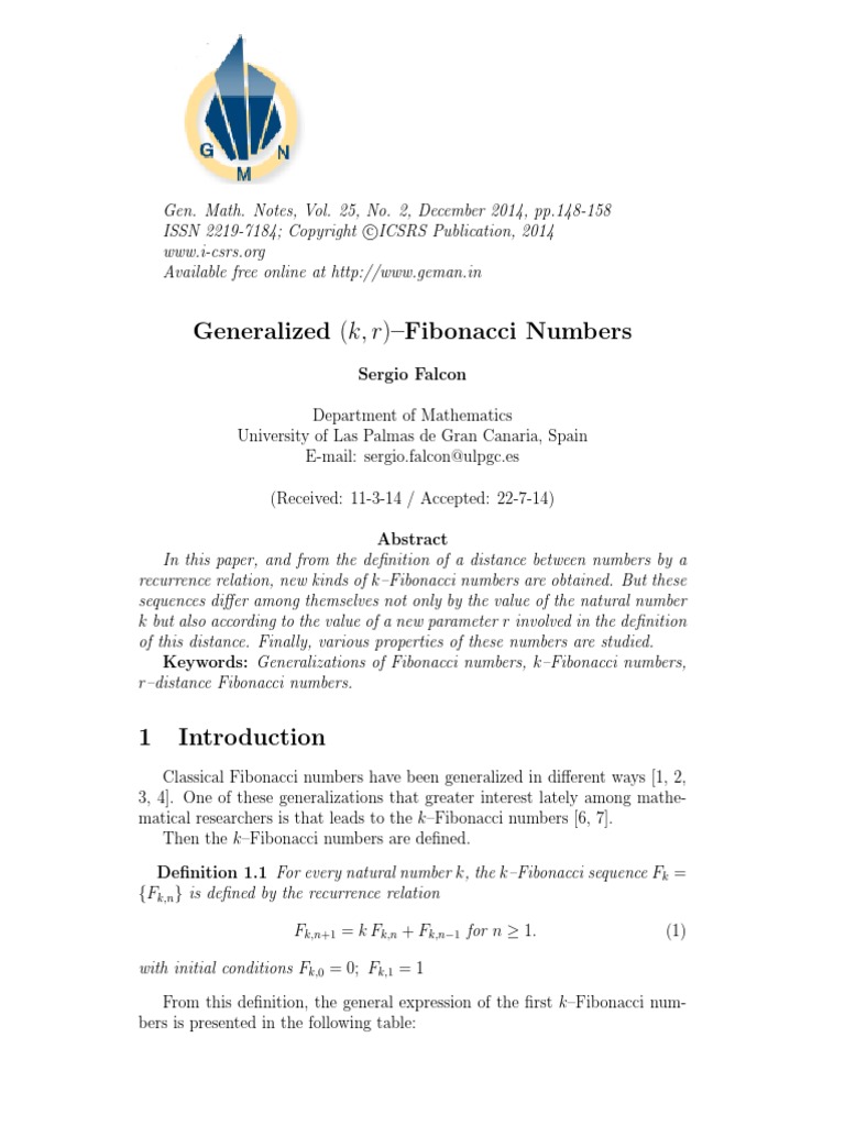 Generalized (K, R) - Fibonacci Numbers | PDF | Theorem | Sequence