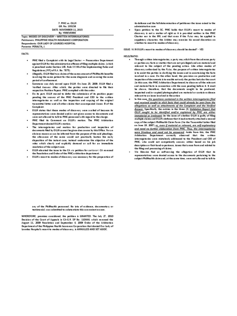 PHIC vs OLLH: Modes of discovery denied | PDF | Discovery (Law ...