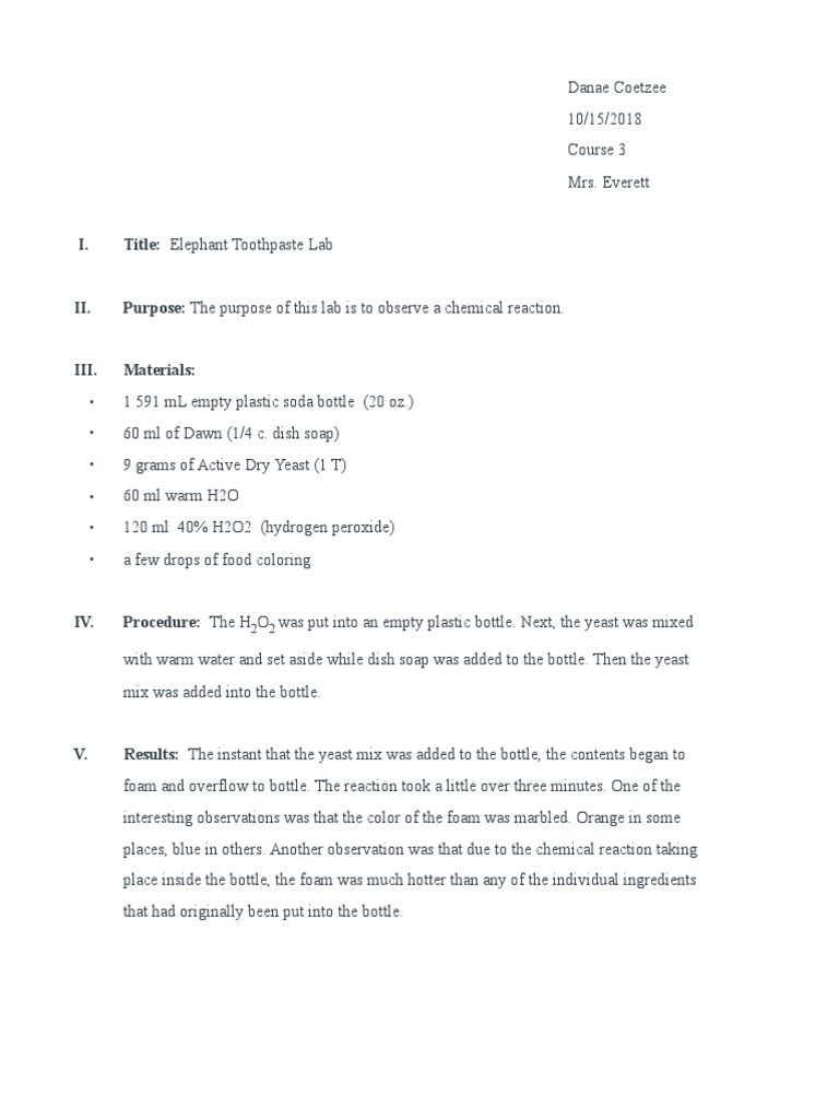 I. Title: Elephant Toothpaste Lab | PDF