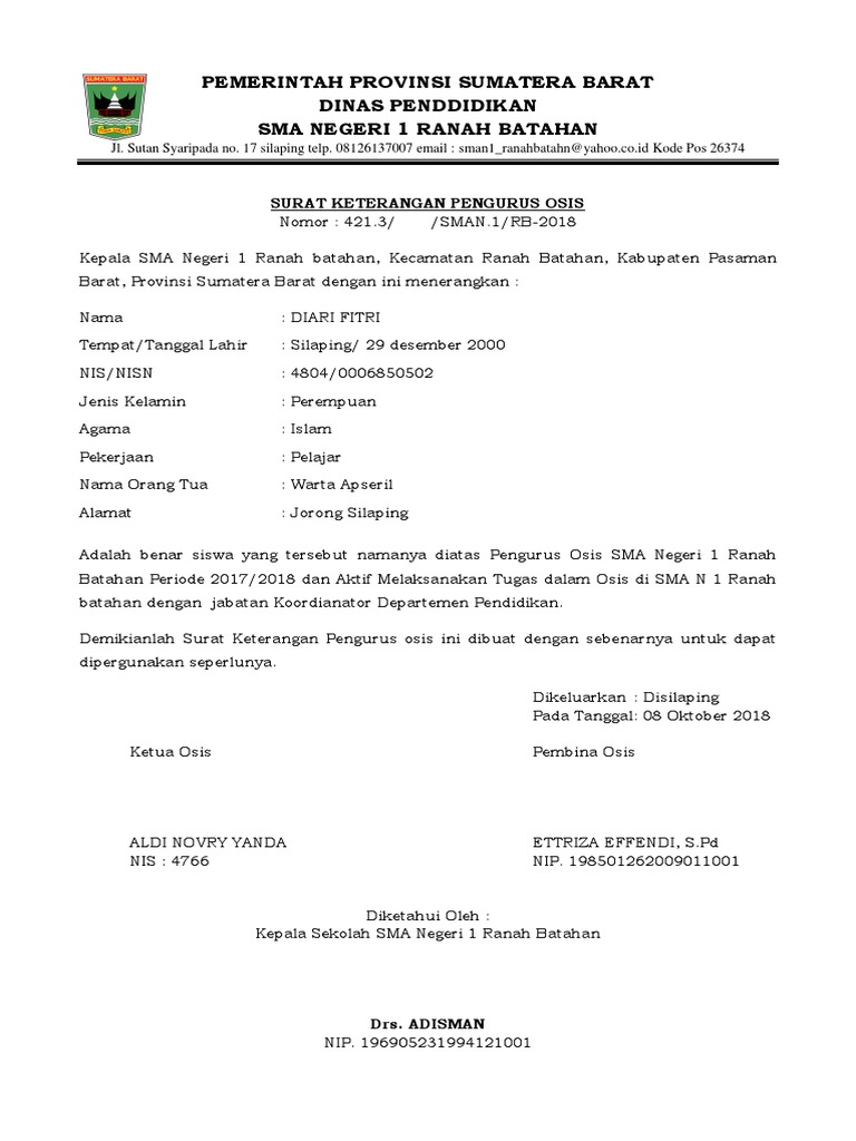 Surat Keterangan Pengurus OSIS 2018 | PDF