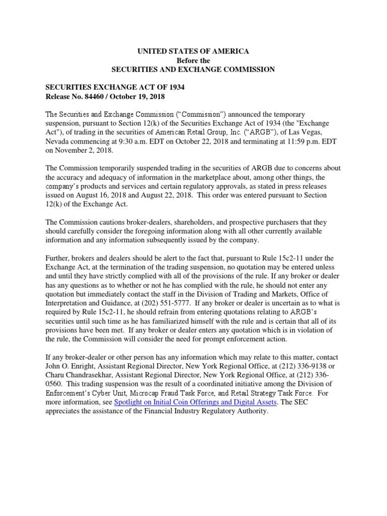 American Retail Group Trading Suspension | PDF