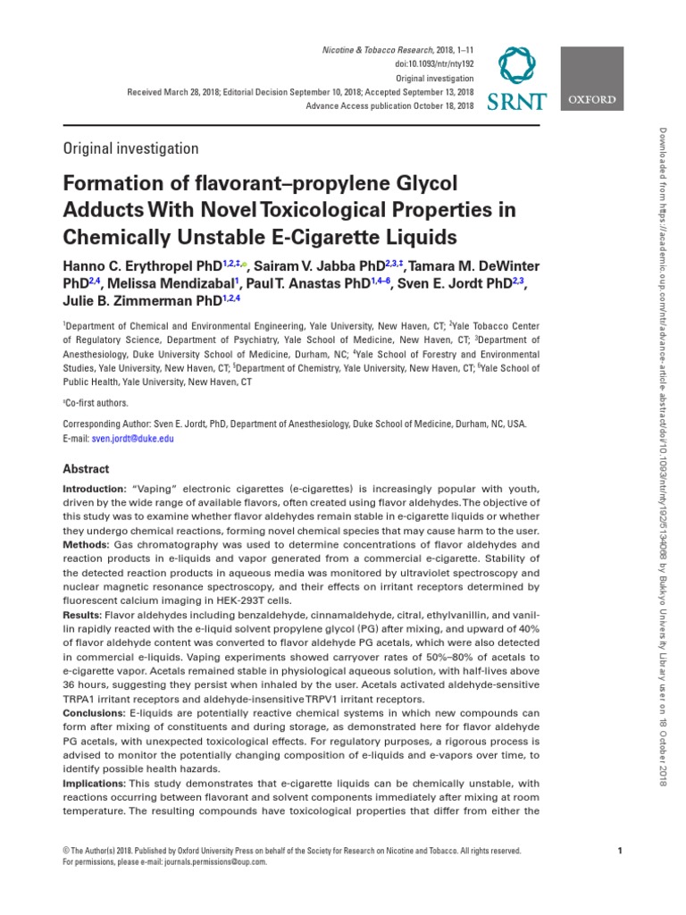 Formation of Flavorant-Propylene Glycol Adducts With Novel ...