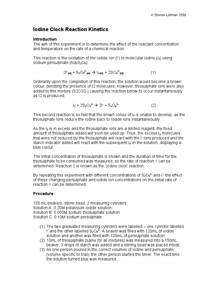 Iodine Clock Reaction Kinetics | PDF | Iodine | Chemical Reactions