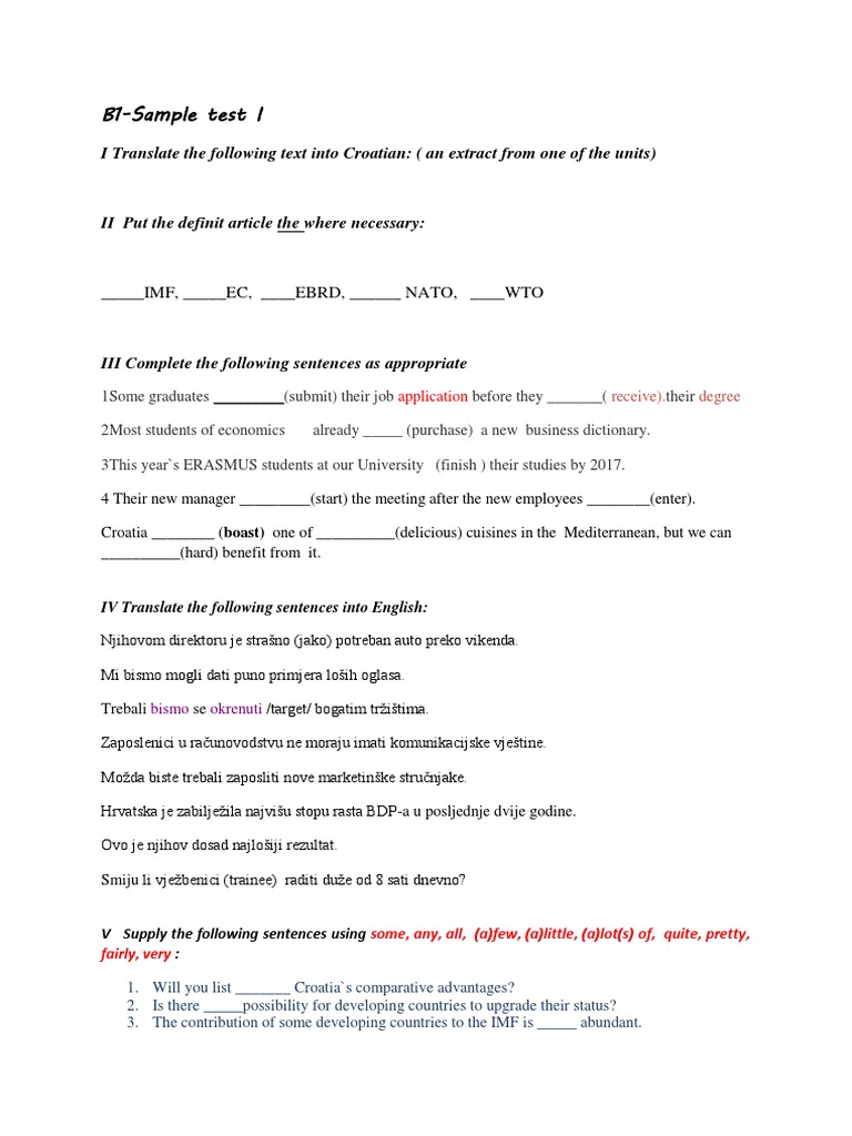 B1-Sample Test I: I Translate The Following Text Into Croatian: (An ...