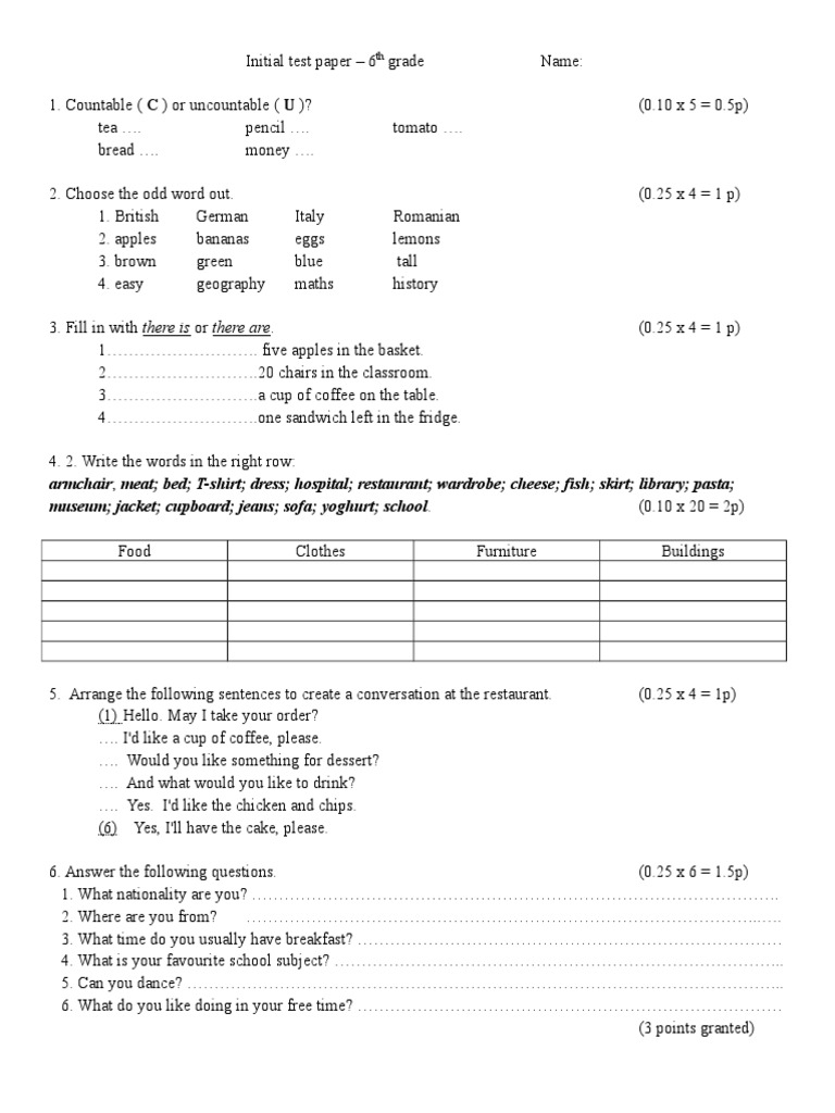 Sixth Grade Practice Test: Counting, Grammar, Vocabulary, and ...