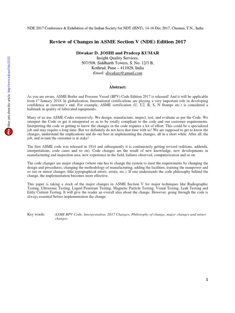 ASME Section V Changes 2017 Overview | PDF | Nondestructive Testing | Leak