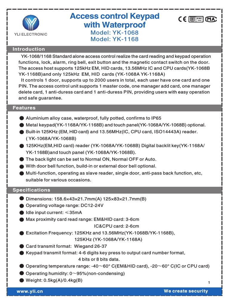 Yli Yk1068a | PDF | Access Control | Lock (Security Device)