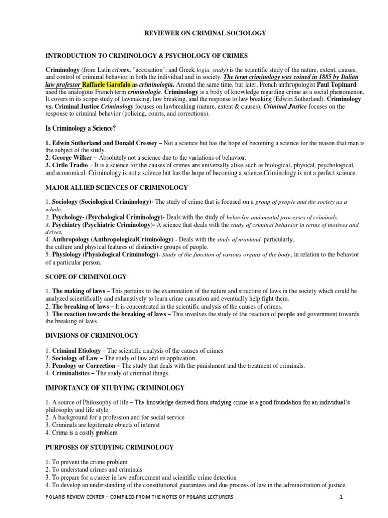 Criminal Sociology Review Guide | PDF | Id | Criminology