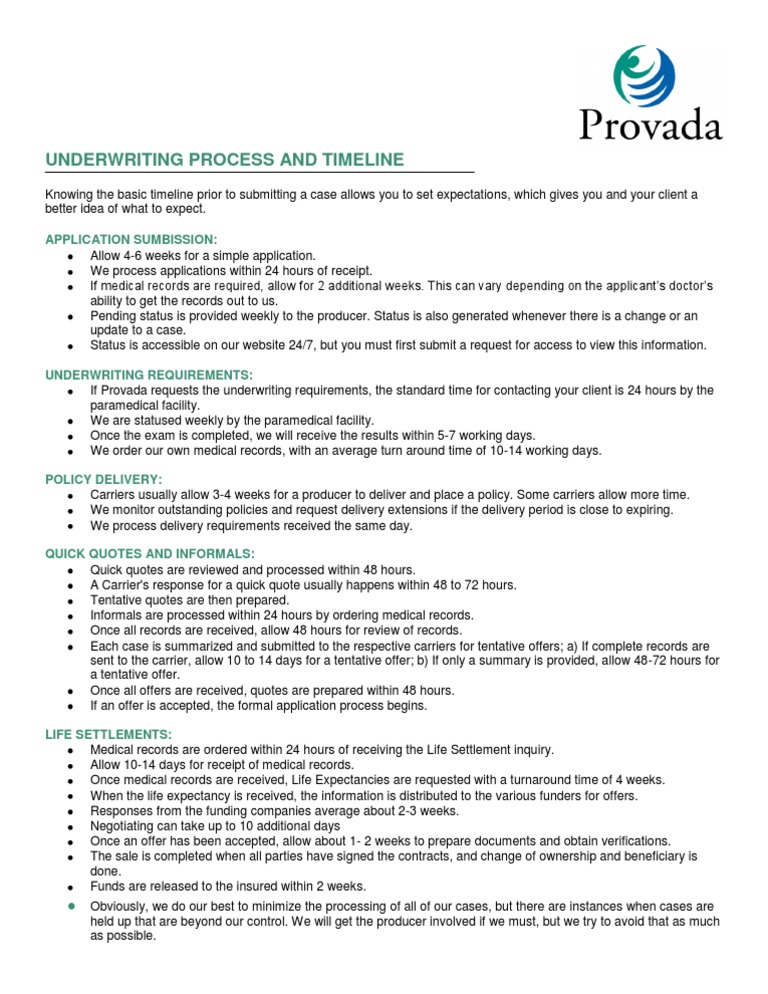 Underwriting Process and Timeline | PDF | Medical Record | Service ...