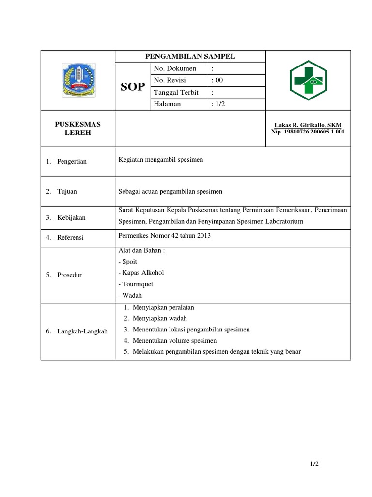 SOP Pengambilan Sampel Spesimen | PDF