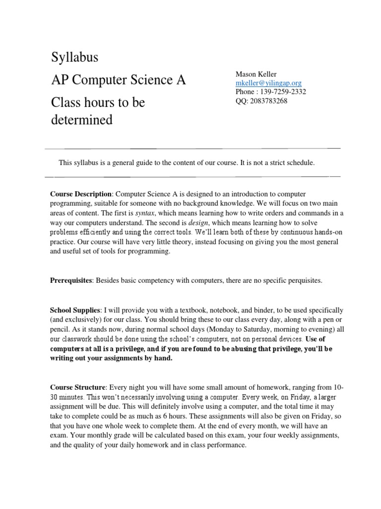 Syllabus AP Computer Science A Class Hours To Be Determined | Download ...