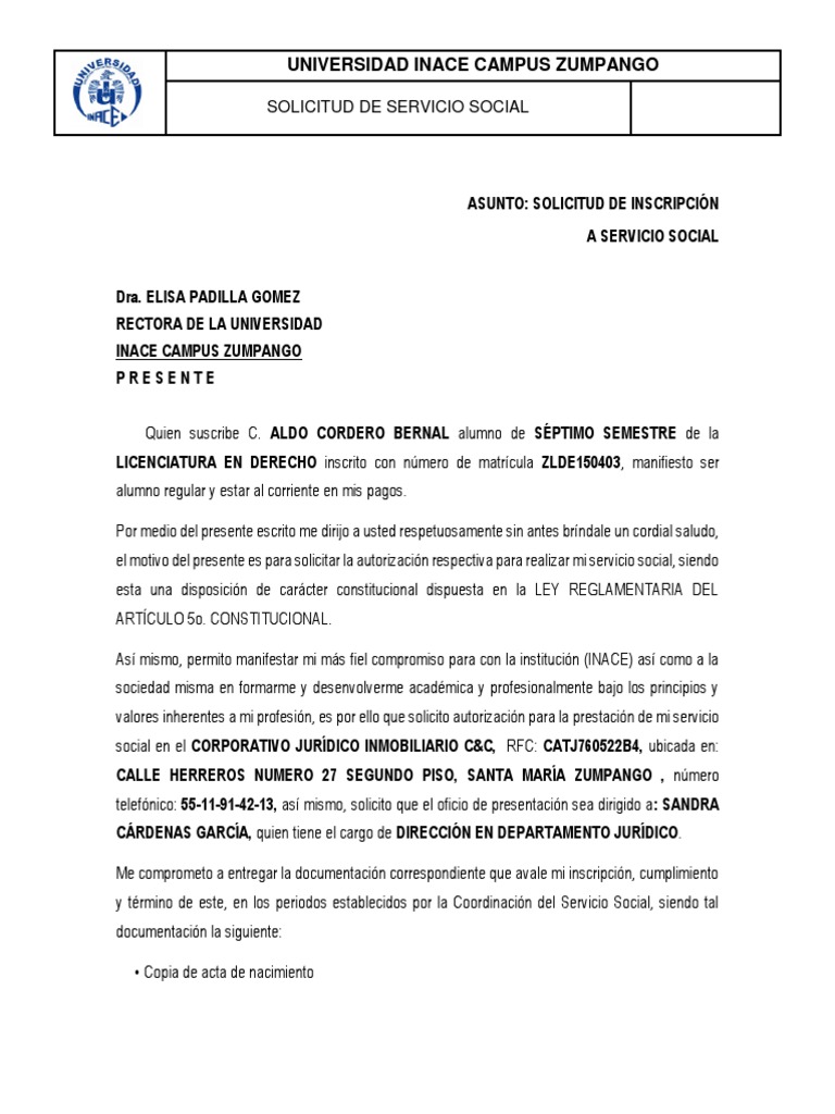 Solicitud de Servicio Social INACE Zumpango | PDF