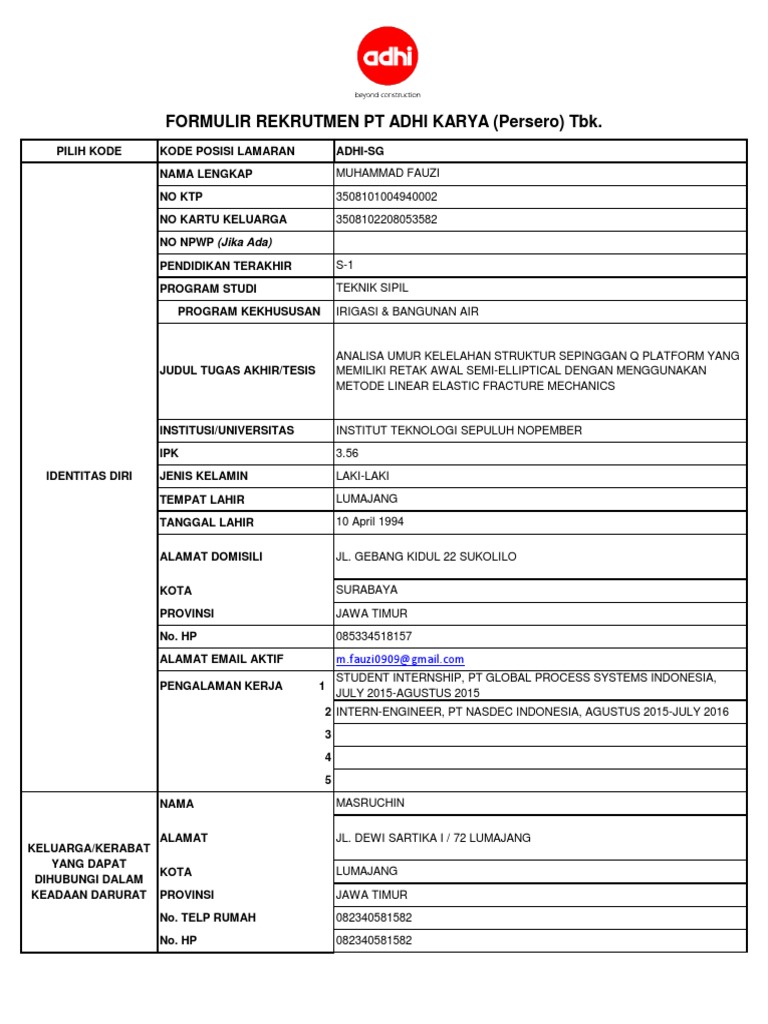 Application Form Adhi Karya | PDF