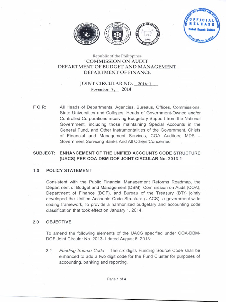 COA-DBM-DOF Joint Circular No. 2014-1-UACS Coding PDF | PDF