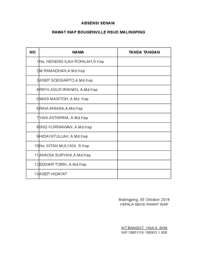 Absensi Senam Rawat Inap Bougenville Rsud Malingping | PDF