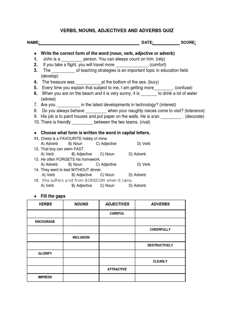 Verbs, Nouns, Adjectives and Adverbs Quiz | PDF | Adjective | Adverb