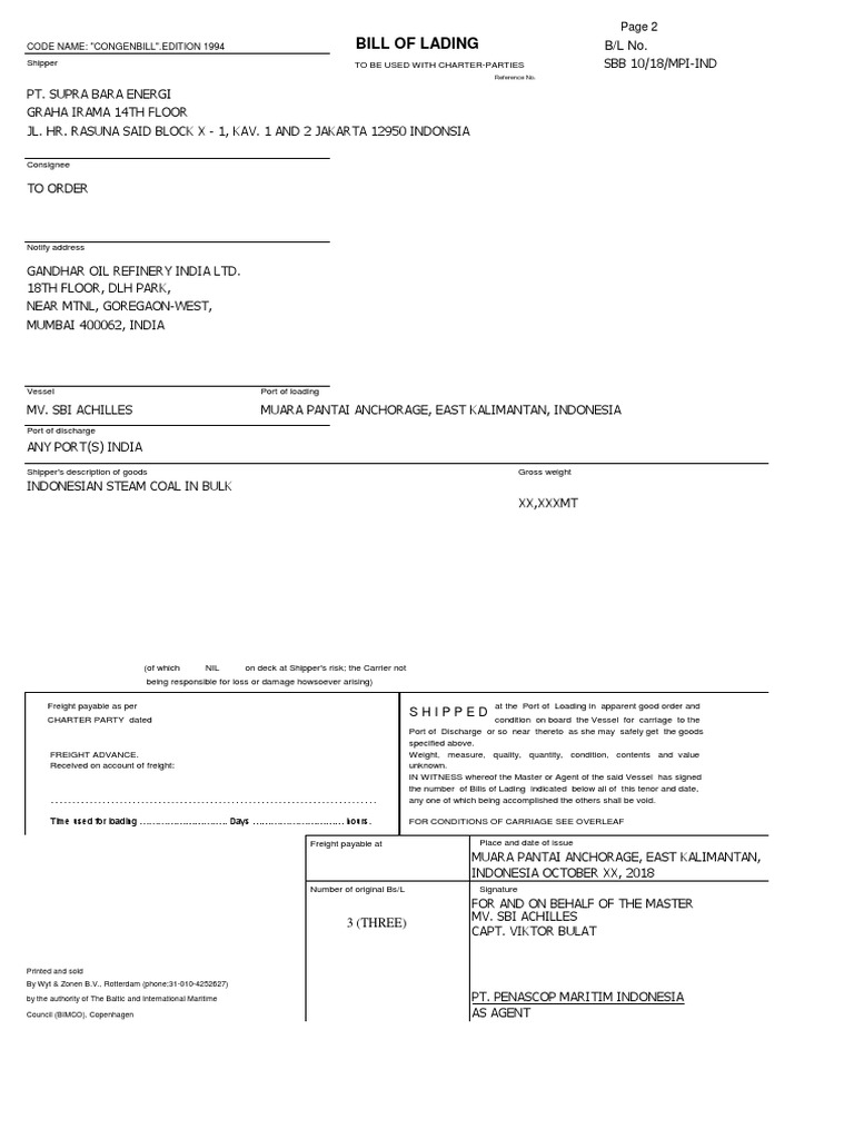 Mv. Sbi Achilles - Draft BL | PDF | Cargo | Bill Of Lading
