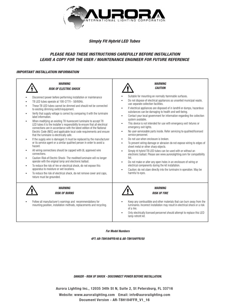 Simply Fit Hybrid LED Tubes Please Read These Instructions Carefully Before Installation Leave A ...