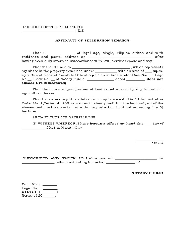 Affidavit of Seller/Non-Tenancy: Document Affirms Sale of Land Does Not ...