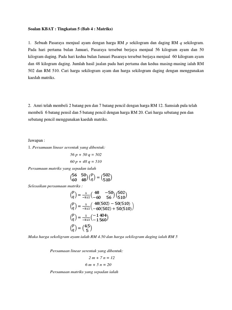 Soalan KBAT Ting 5 Bab 4 Matriks | PDF