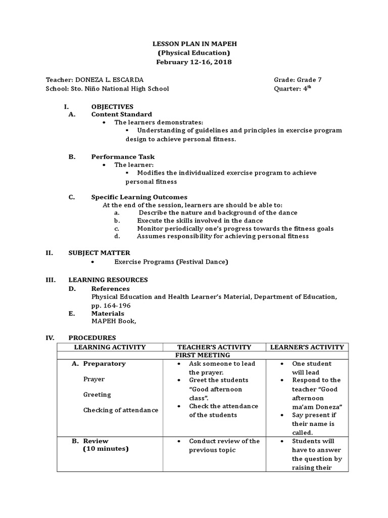 Physical Education Lesson Plan for Grade 7 | PDF | Educational ...