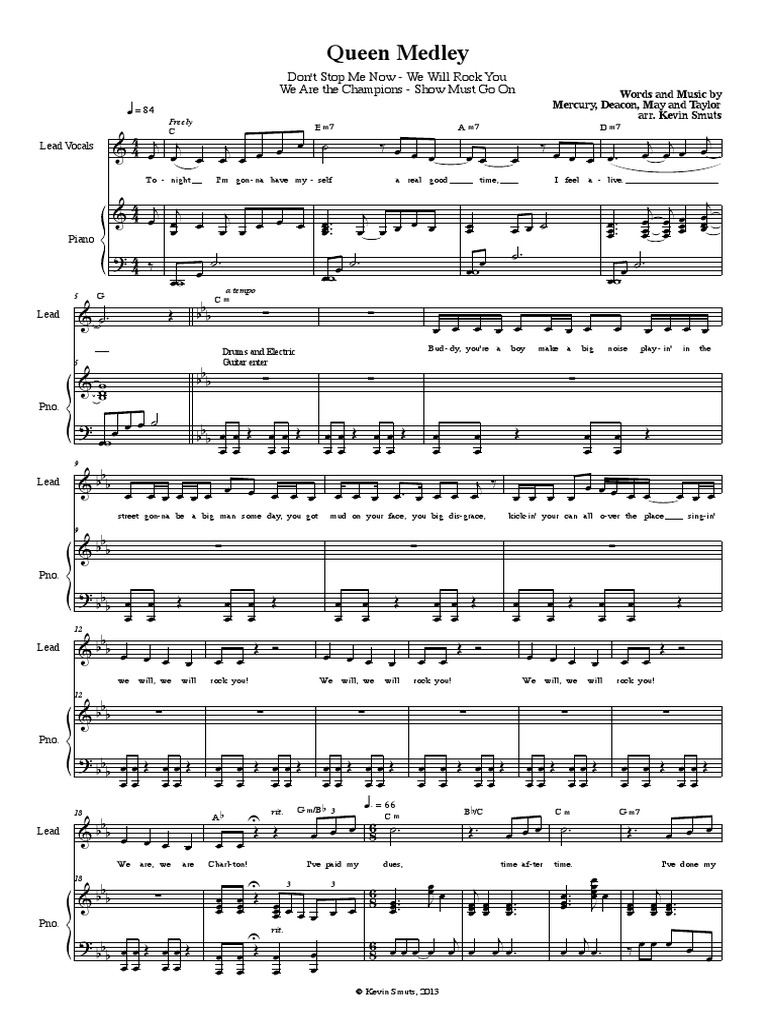 Queen Medley: Don't Stop Me Now - We Will Rock You We Are The Champions - Show Must Go On | PDF ...