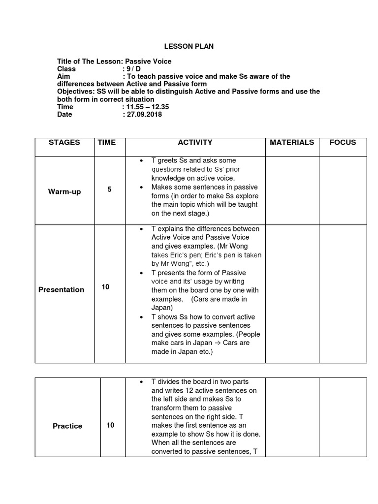 Passive Voice Lesson Plan | PDF | Lesson Plan | Cognition Passive Voice Lesson Plan | PDF | Lesson Plan | Cognition