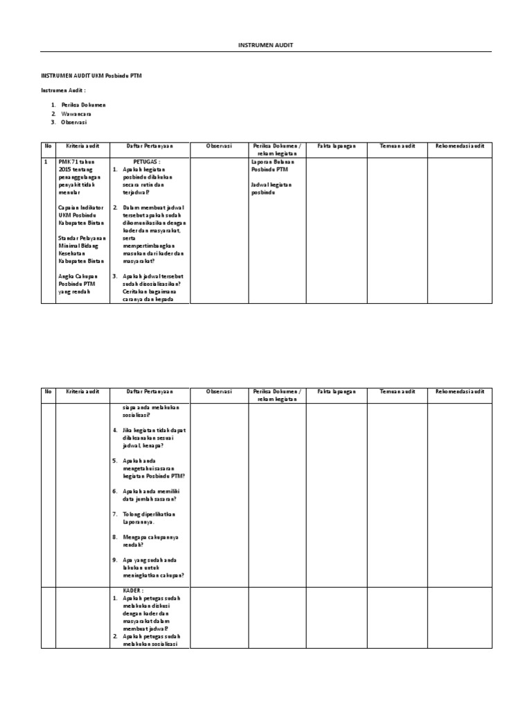 Instrumen Audit Posbindu PTM Bintan | PDF