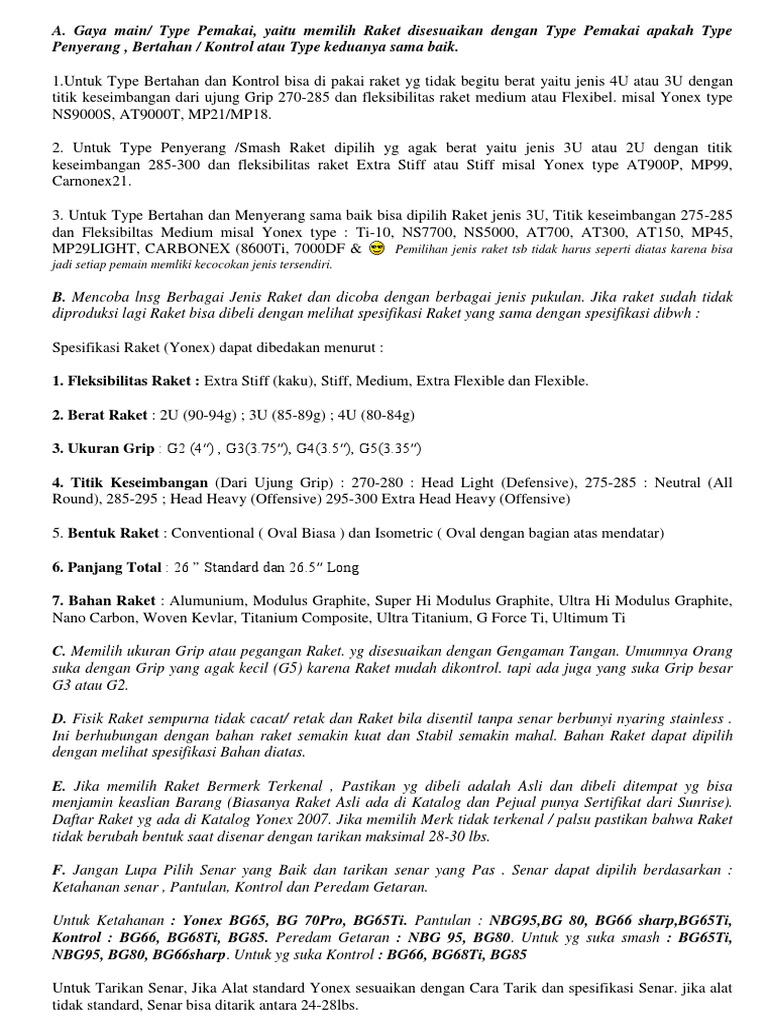 Panduan Memilih Raket Badminton | PDF