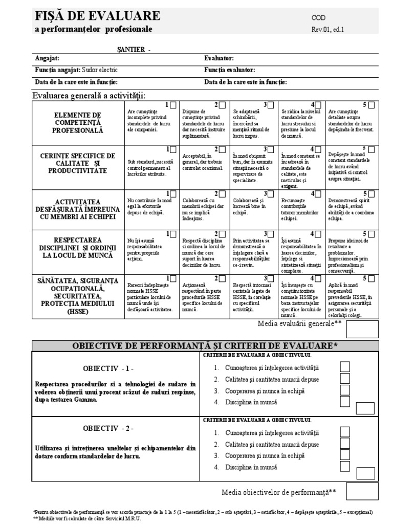 Fisa de Evaluare A Performantelor Profesionale | PDF