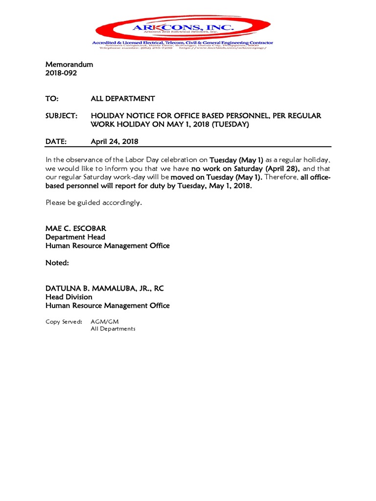 Memo 2018 - Holiday (Labor Day)