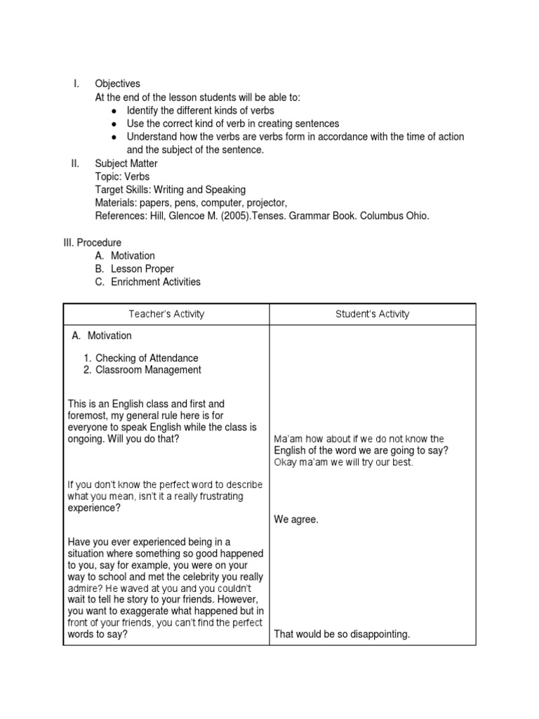 Lesson Plan - Verbs | PDF | Verb | Subject (Grammar)